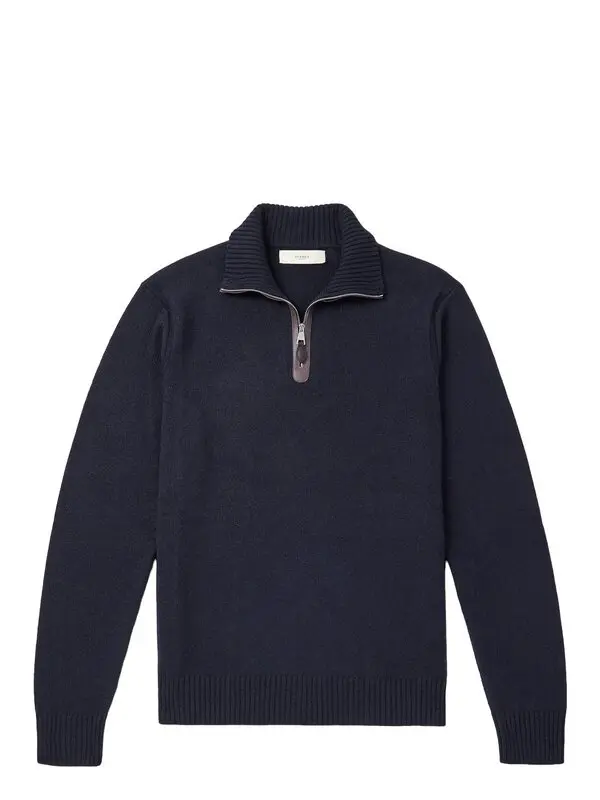Purdey Leather-trimmed Cashmere Half-zip Sweater - Blue