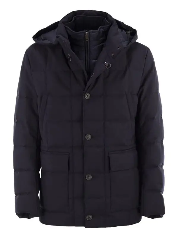 FAY Canvas Mélange Caban Jacket With Down Padding - Navy
