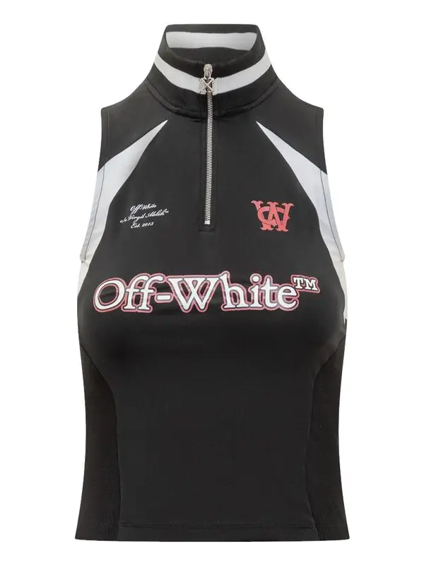 Off-White Sleeveless Zip-up Top With Contrast Logo - Black