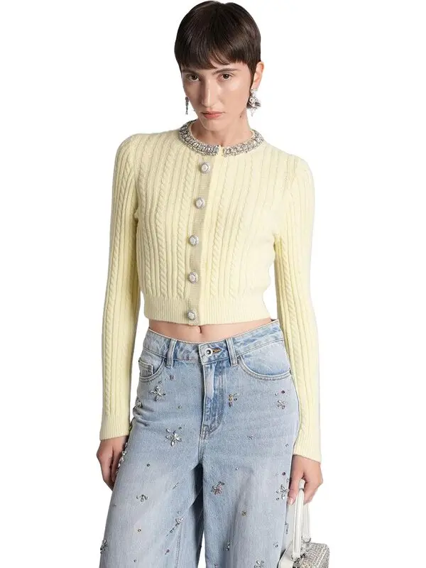 SELF-PORTRAIT Cable Knit Cropped Cardigan - Yellow