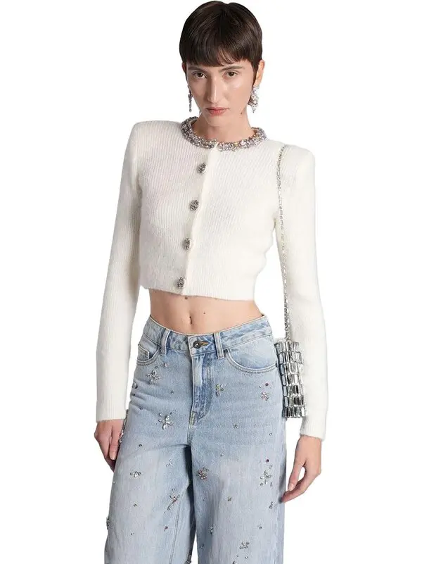 SELF-PORTRAIT Jewel Button Cropped Cardigan - White