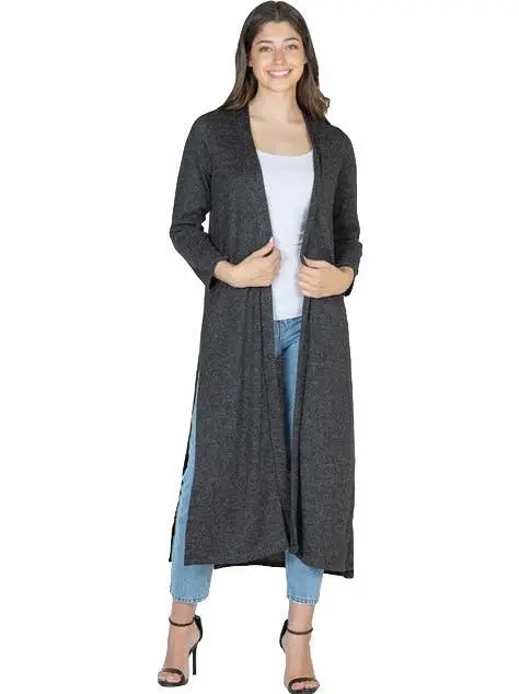 24SEVEN COMFORT APPAREL Long Open Front Knit Cardigan Duster - Black