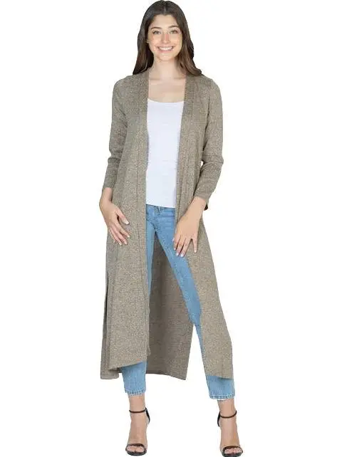24SEVEN COMFORT APPAREL Long Open Front Knit Cardigan Duster - Taupe