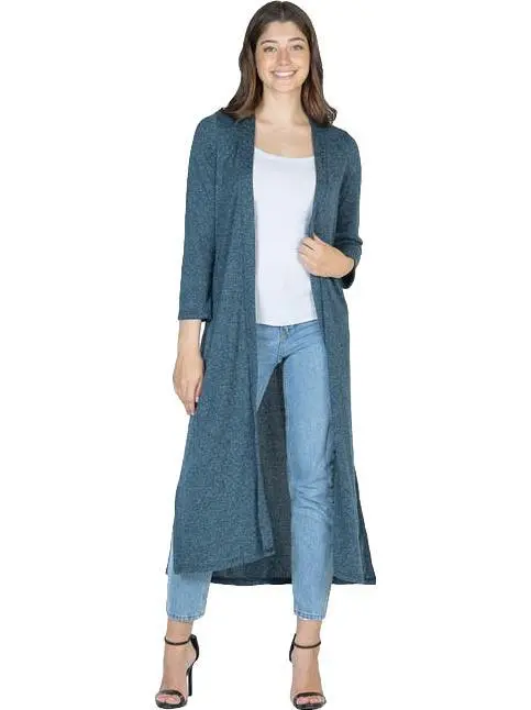 24SEVEN COMFORT APPAREL Long Open Front Knit Cardigan Duster - Teal