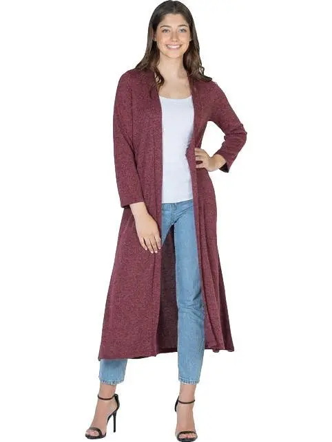 24SEVEN COMFORT APPAREL Long Open Front Knit Cardigan Duster - Wine