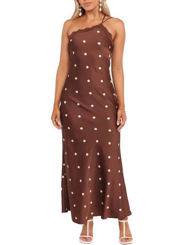 PETAL & PUP Anika Dot One-shoulder Satin Maxi Dress - Brown Polka Dot