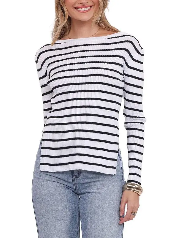 PETAL & PUP Alvina Stripe Rib Boatneck Sweater - White Black Stripe