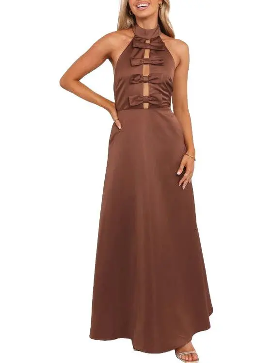 PETAL & PUP Norva Bow Front Halter Satin Maxi Dress - Brown