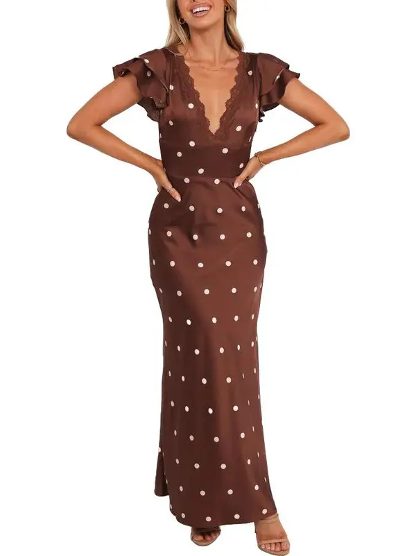 PETAL & PUP Arella Dot Satin Maxi Dress - Brown Polka Dot