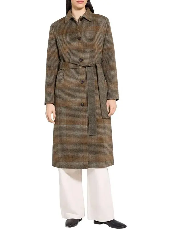 Theory Plaid Belted Wool And Cashmere Coat - Brass Multi