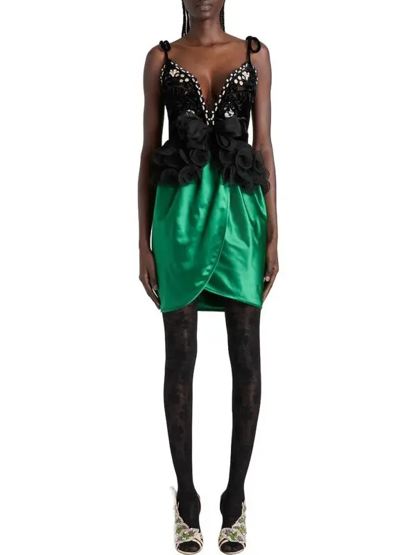Valentino Garavani Embroidered Velvet & Duchesse Silk Minidress - Emerald