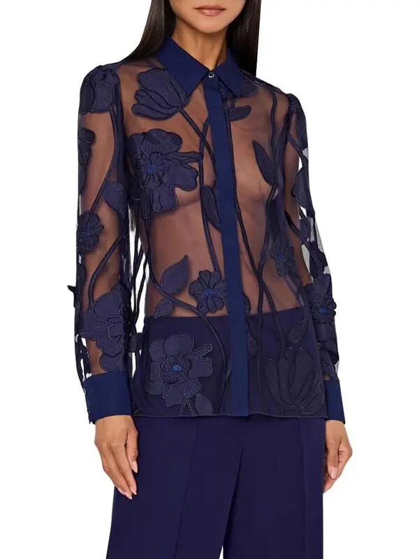 MILLY Ashton Grand Fleur Appliqué Sheer Button-up Shirt - Navy