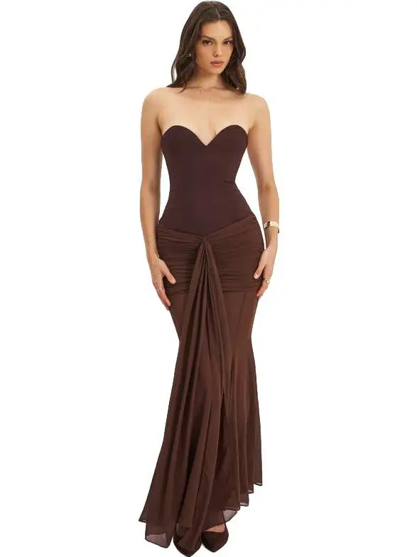 MISS CIRCLE NEW YORK Sweetheart Draped Mesh Mermaid Maxi Dress - Espresso