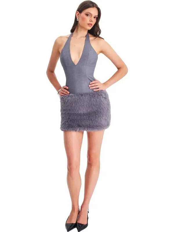 MISS CIRCLE Daisy Fur Trim Halter Mini Dress - Grey