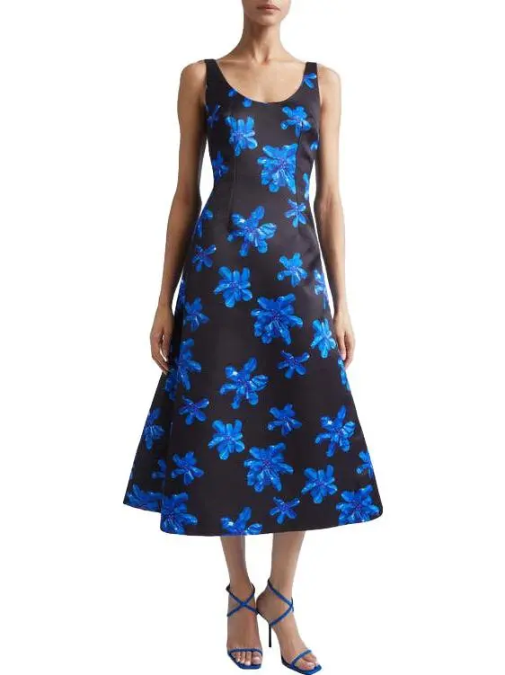 EMILIA WICKSTEAD Tippi Floral Genzianella Fit & Flare Midi Dress - Electric Blue Floral On Black