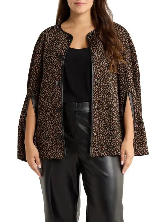 KASPER Leopard Jacquard Cape - Dark Camel/black