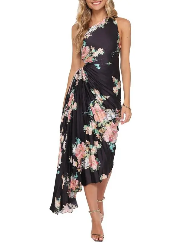 PETAL & PUP Pleated One-shoulder Maxi Dress - Black Floral