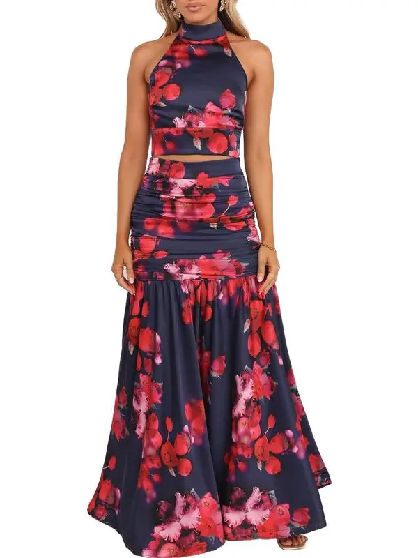PETAL & PUP Floral Halter Top And Maxi Skirt Set - Navy Floral