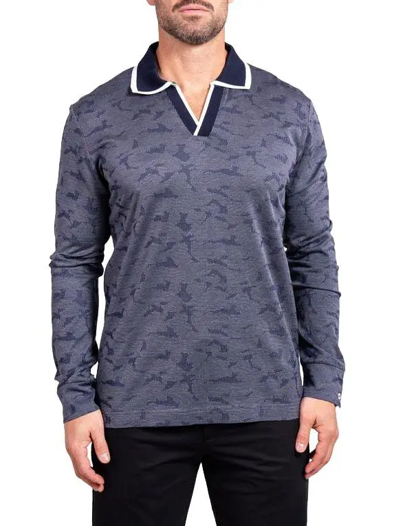 MACEOO Ascension0004 Johnny Collar Long Sleeve Cotton Jacquard Polo - Blue