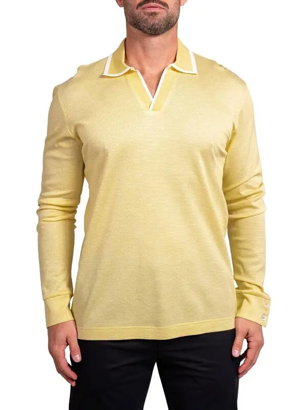MACEOO Ascension0003 Johnny Collar Long Sleeve Textured Cotton Polo - Yellow