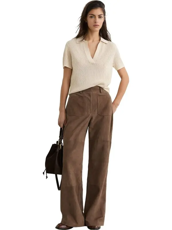 REISS Priya Petite Suede Flared Trousers - Taupe Neutral