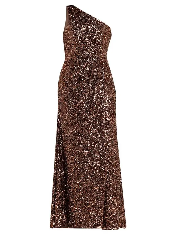 Halston Lexi One-shoulder Sequin Gown - Copper Confetti