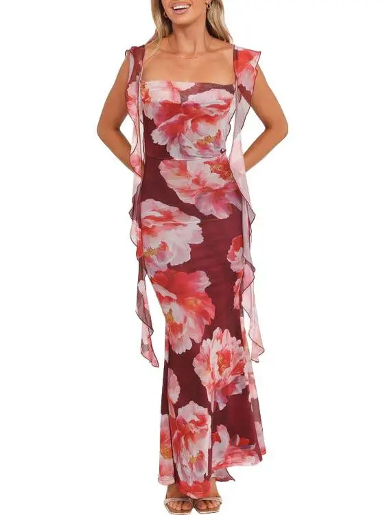 PETAL & PUP Chiara Floral Flutter Ruffle Maxi Dress - Burgundy Peony
