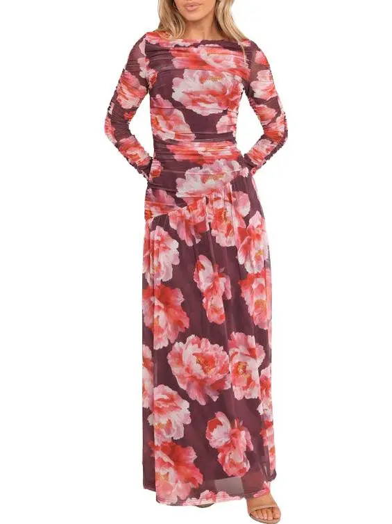PETAL & PUP Calypso Floral Ruched Long Sleeve Mesh Maxi Dress - Burgundy Peony