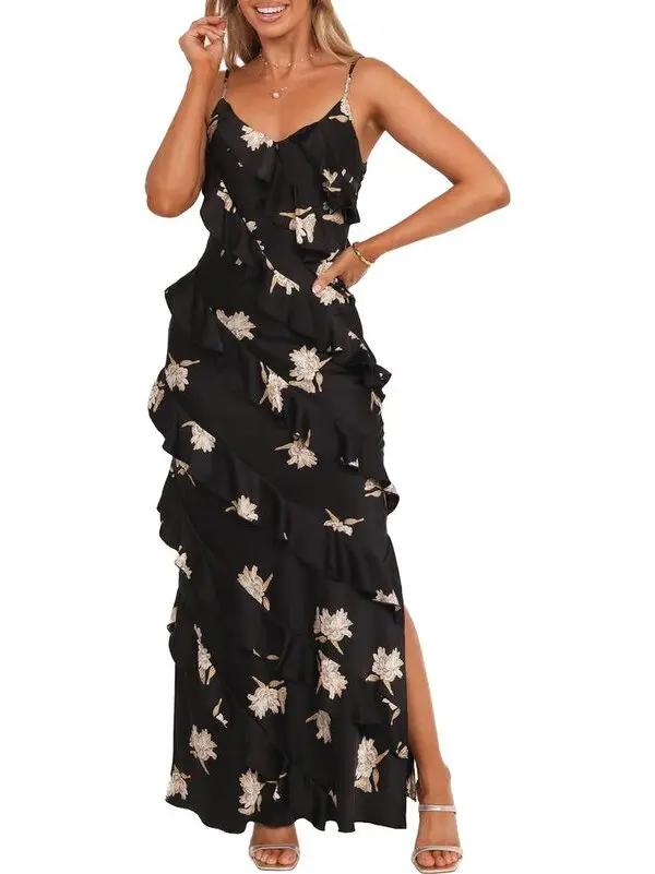 PETAL & PUP Ciao Floral Ruffle Satin Maxi Dress - Black Floral