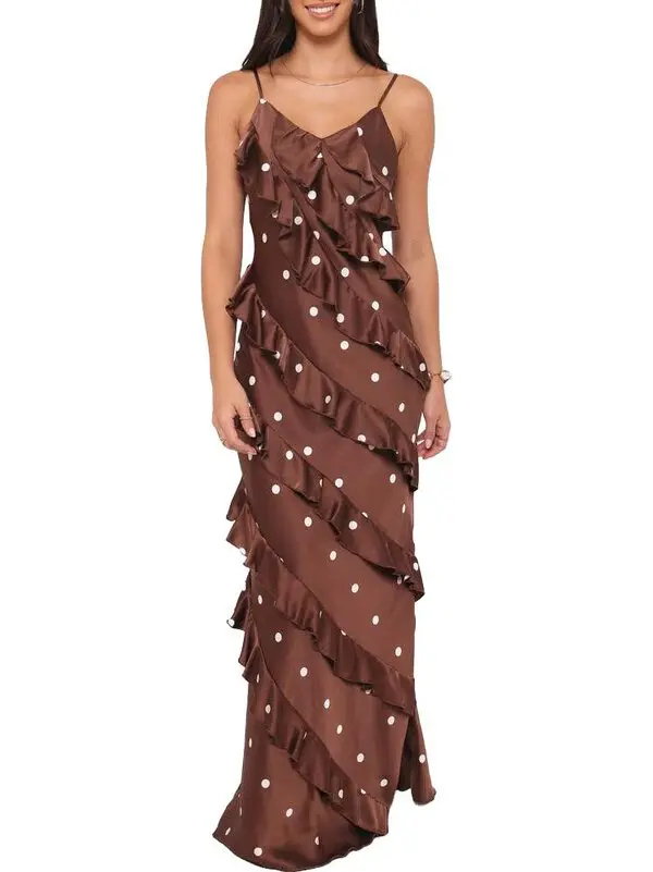 PETAL & PUP Ciao Floral Ruffle Satin Maxi Dress - Brown Polka Dot