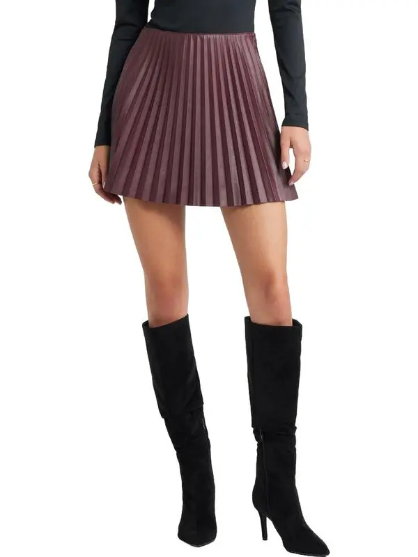 OPEN EDIT Pleated Faux Leather Mini Skirt - Burgundy Fudge
