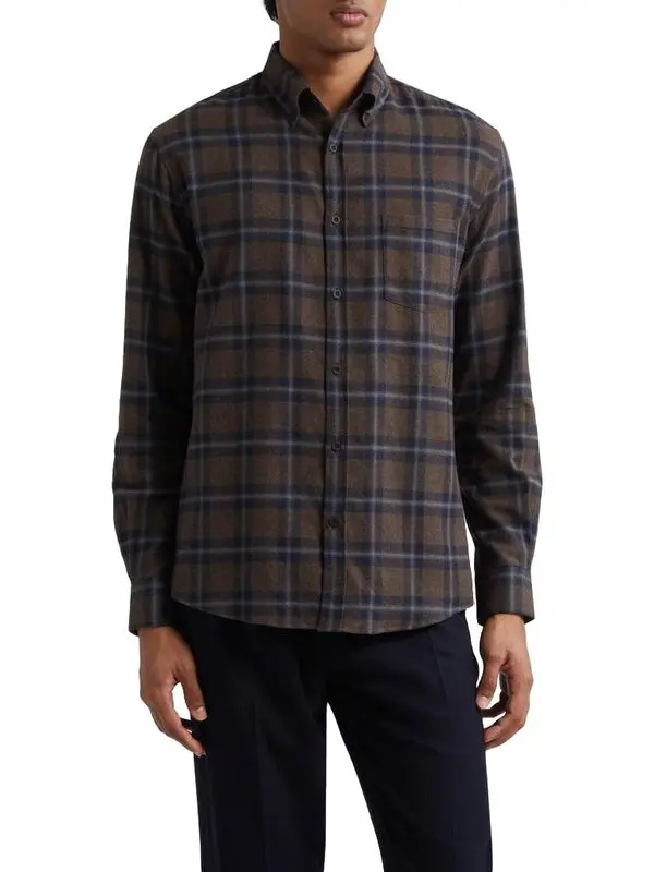 Sunspel Check Brushed Cotton Flannel Button-down Shirt - Bark Check