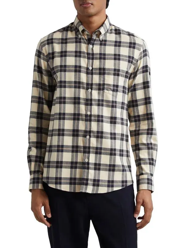 Sunspel Check Brushed Cotton Flannel Button-down Shirt - Ecru/truffle Check