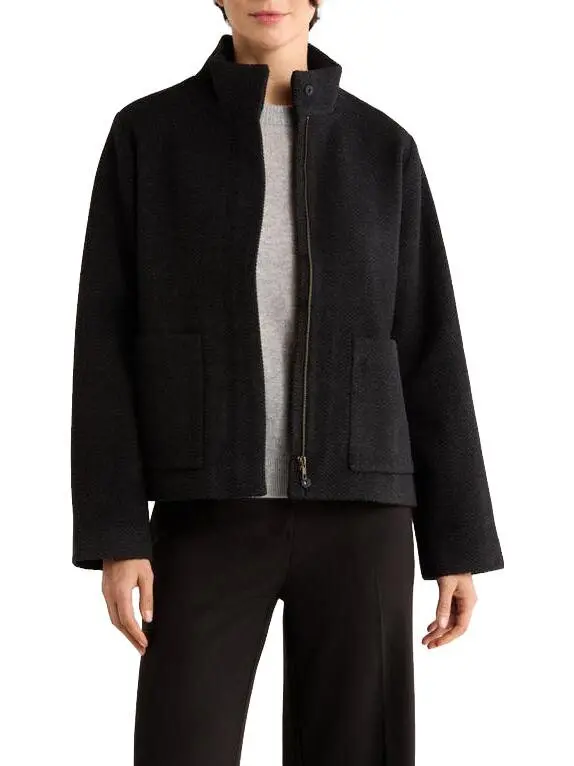 Eileen Fisher High Collar Short Wool Coat - Char