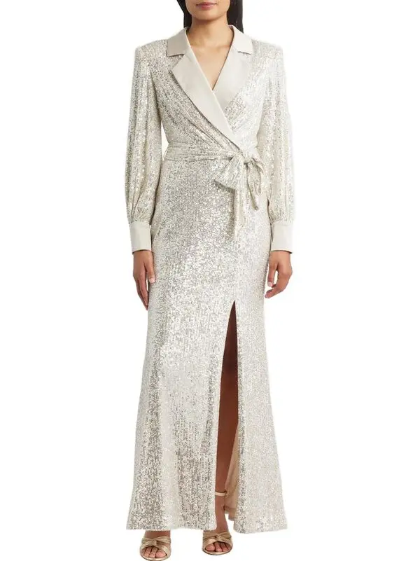 Eliza J Sequin Long-sleeve Shirtdress Gown - Silver