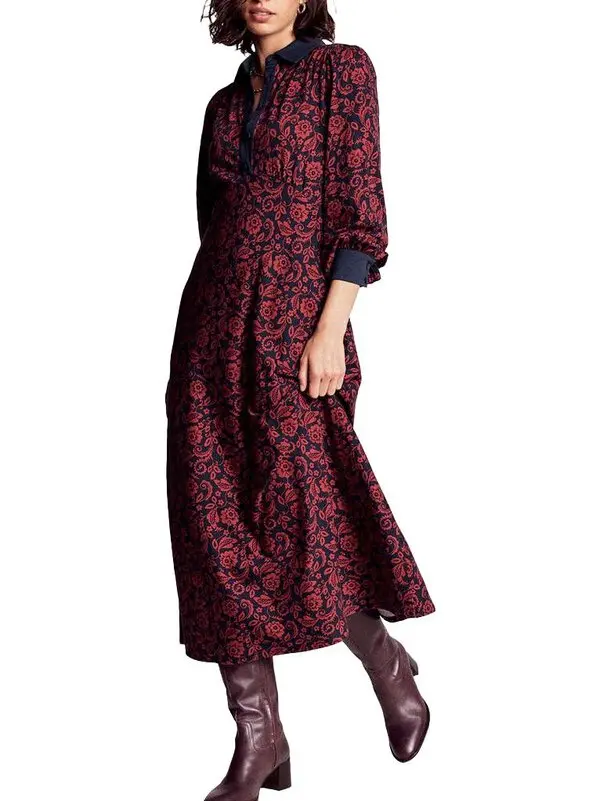 Boden Floral Empire Waist Cotton & Modal Shirtdress - Red Ornate Flora