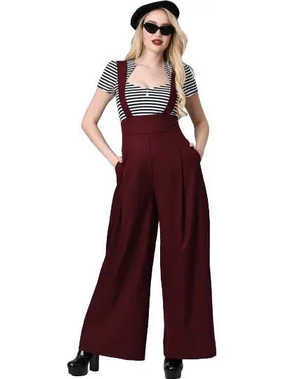 Unique Vintage Rochelle Suspender Trousers - Burgundy
