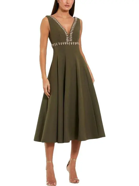 Mac Duggal Rhinestone Embellished Crepe A-line Midi Dress - Olive