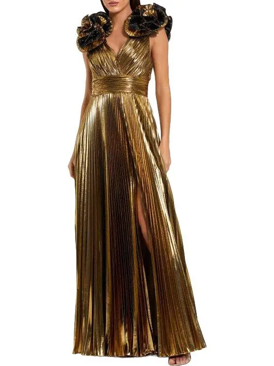 Mac Duggal Pleated Metallic V-neck Gown With Ruffle Detail - Antique Gold
