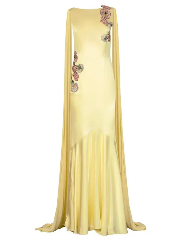 LA FUORI Embroidered Silk Maxi Dress - Yellow