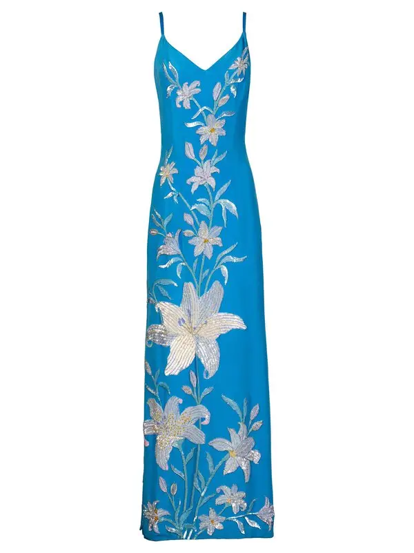 LA FUORI Aqua Lily Garden Embroidered Silk Dress - Blue