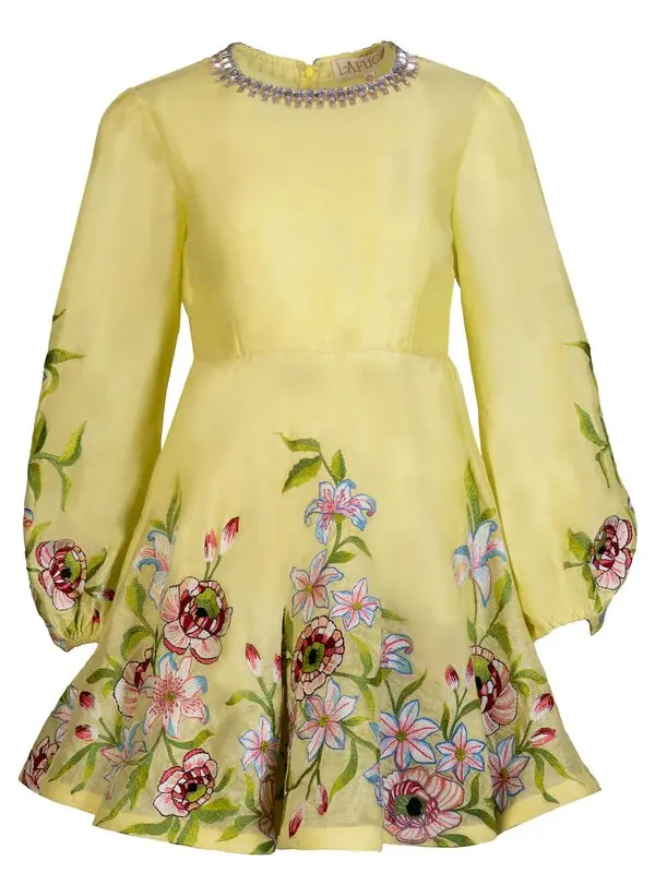 LA FUORI Eaten Flower Embroidered Linen-silk Dress - Yellow