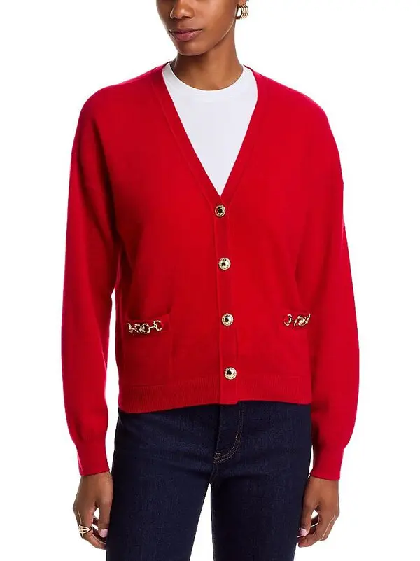 Bloomingdale'S Cashmere V-neck Cardigan With Hardware Trim - Scarlet