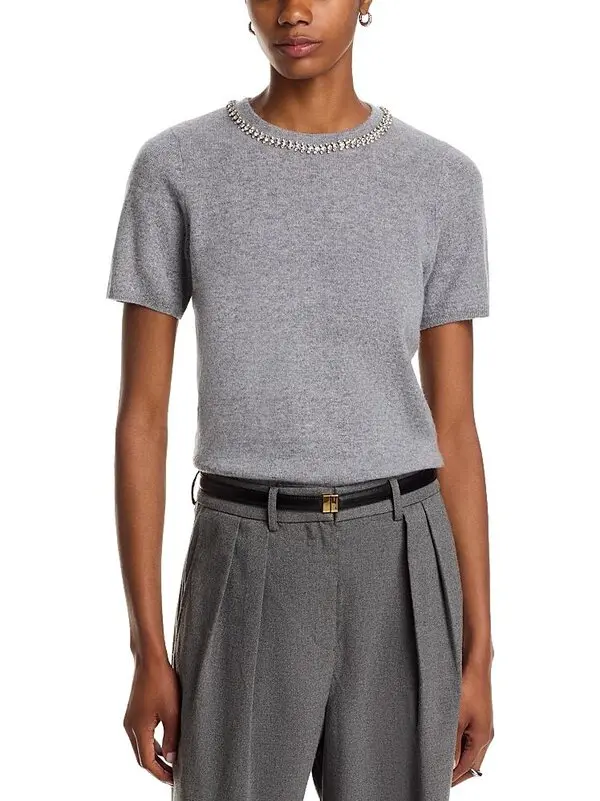 Bloomingdale'S Crystal Trimmed Cashmere Short Sleeve Sweater - Medium Gray