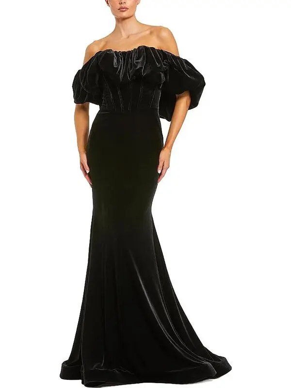 Mac Duggal Off-the-shoulder Bustier Velvet Mermaid Gown - Black