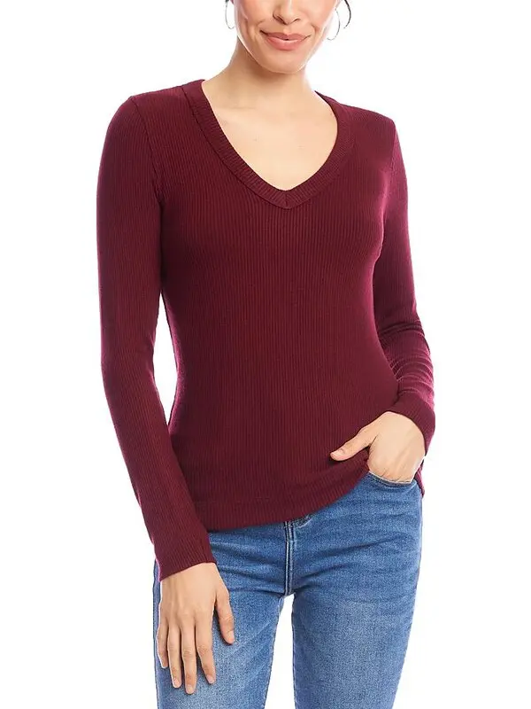 Karen Kane Ribbed V-neck Top - Wine