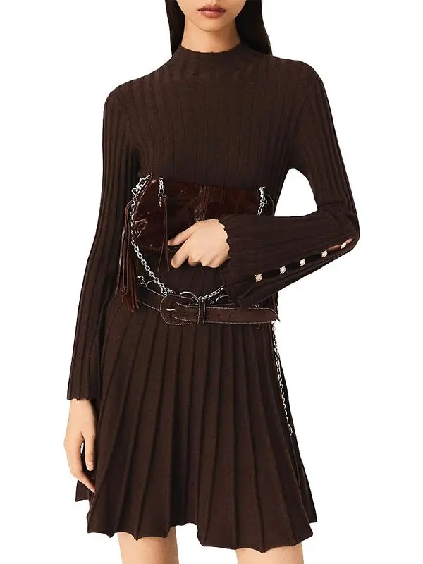 Maje Raffie Pleated Dress - Dark Brown