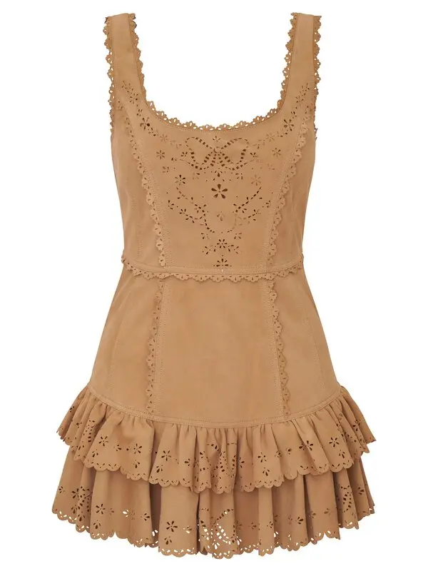 LoveShackFancy Chrysanthe Ruffled Leather Mini Dress - Tan