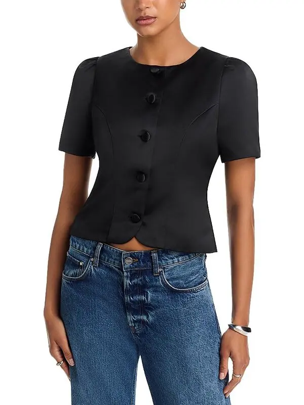 French Connection Jaxon Satin Puff Sleeve Top - Black