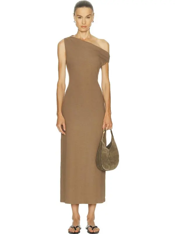 LESET Lauren Ruched Asymmetrical Shoulder Dress - Walnut